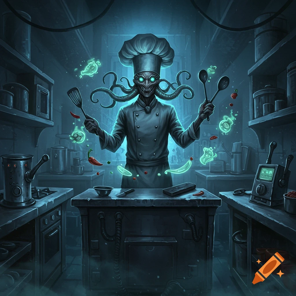 An eldritch chef with glowing eyes and tentacles holds a spatula and ...