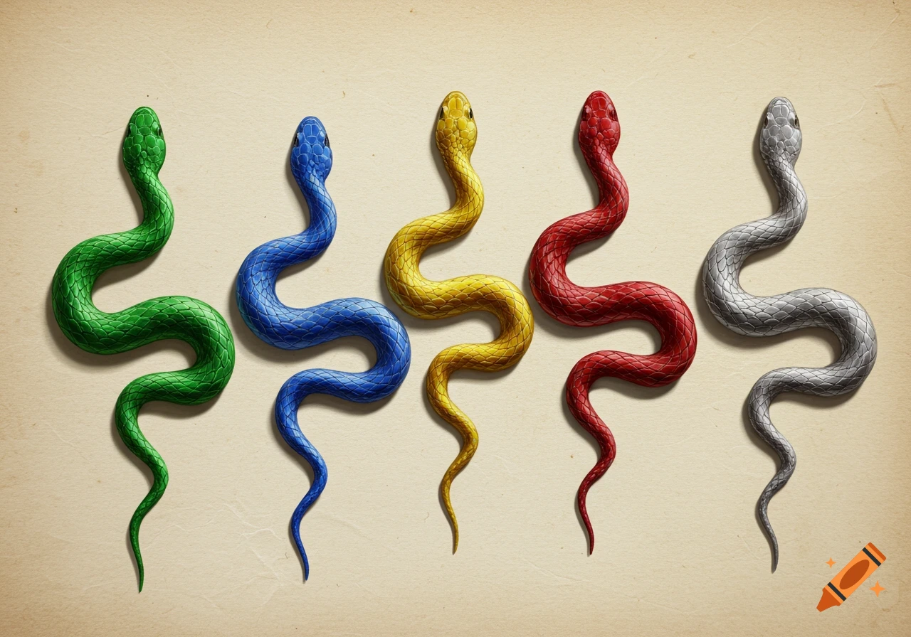 Five vibrantly colored snakes in green, blue, yellow, red, and gray ...