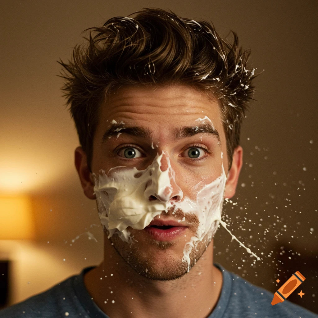 Photorealistic close-up of a surprised young man with whipped cream ...