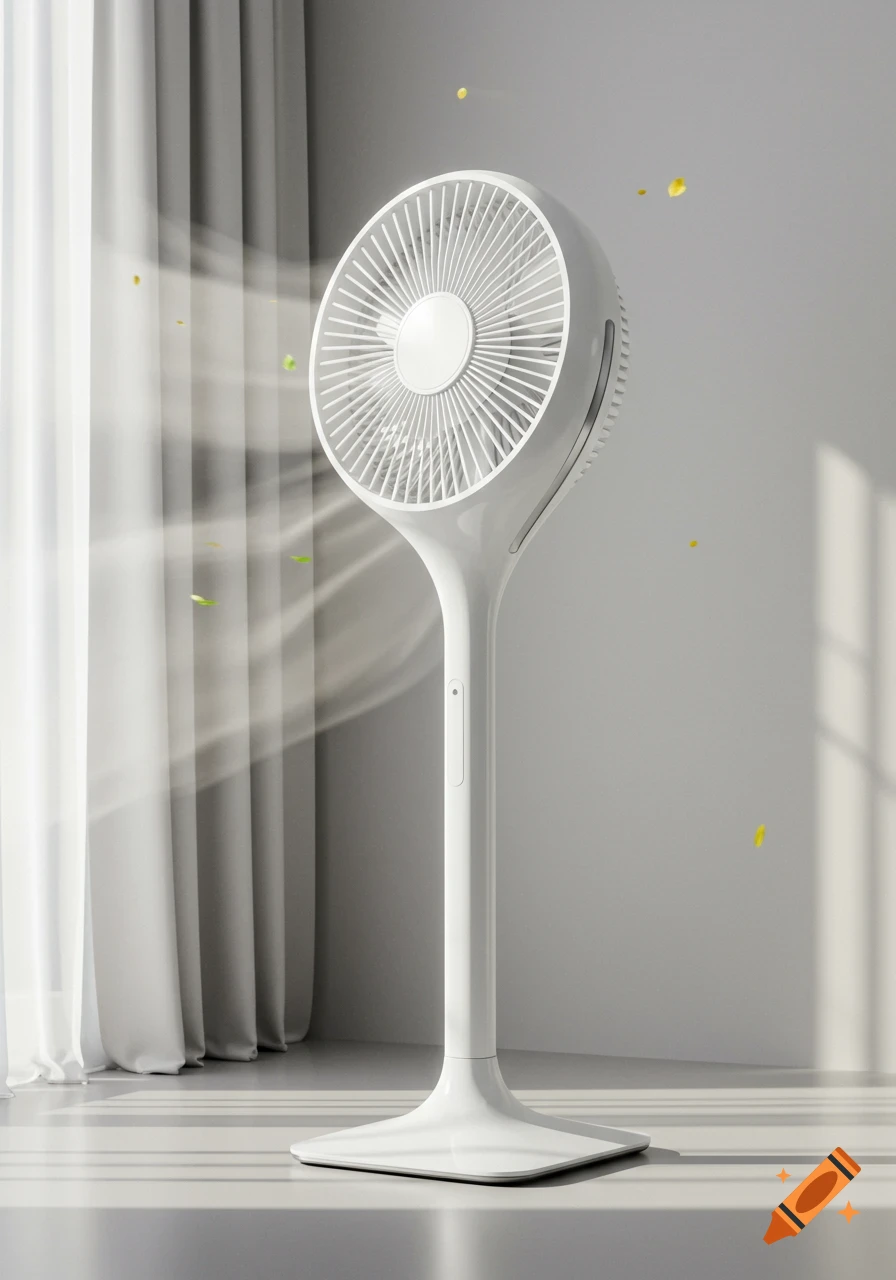A modern white stand-up ventilation fan blows air with light particles ...