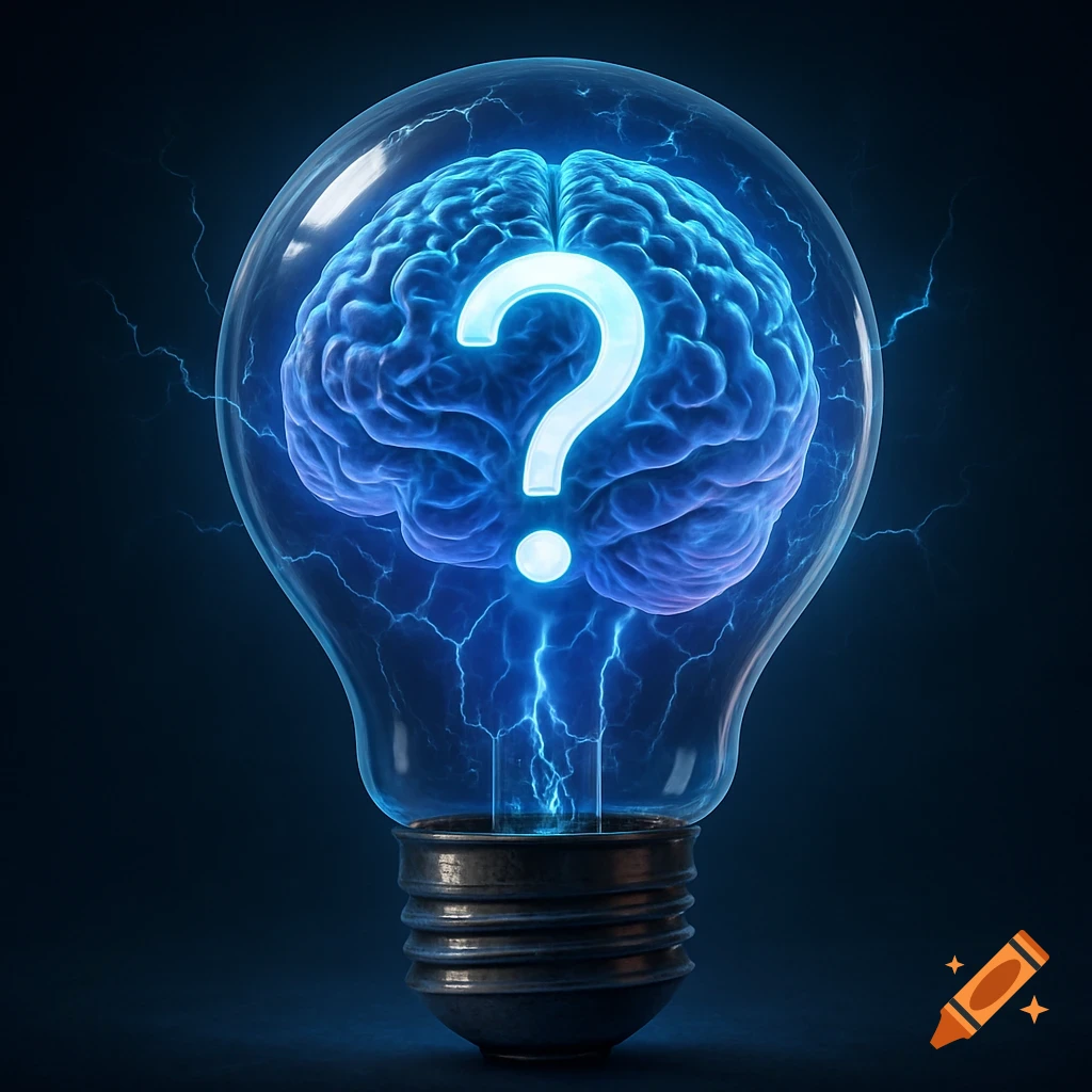 A glowing blue brain inside a lightbulb with a bright white question ...