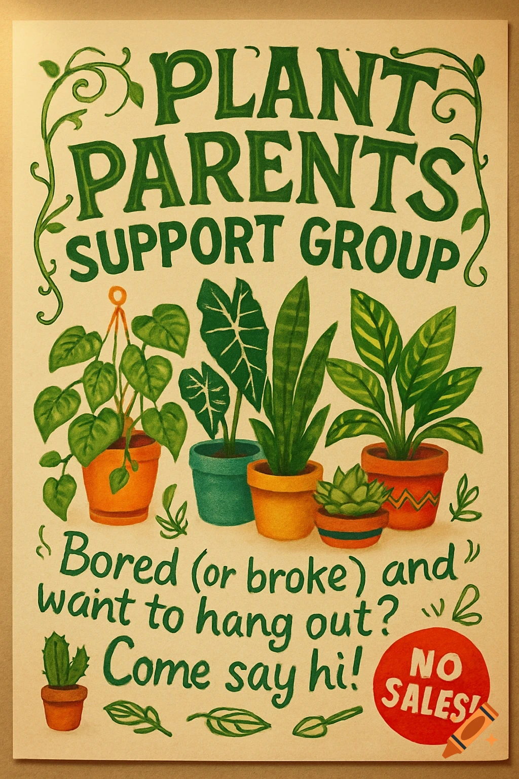 A colorful illustrated poster for a 'Plant Parents Support Group' with ...