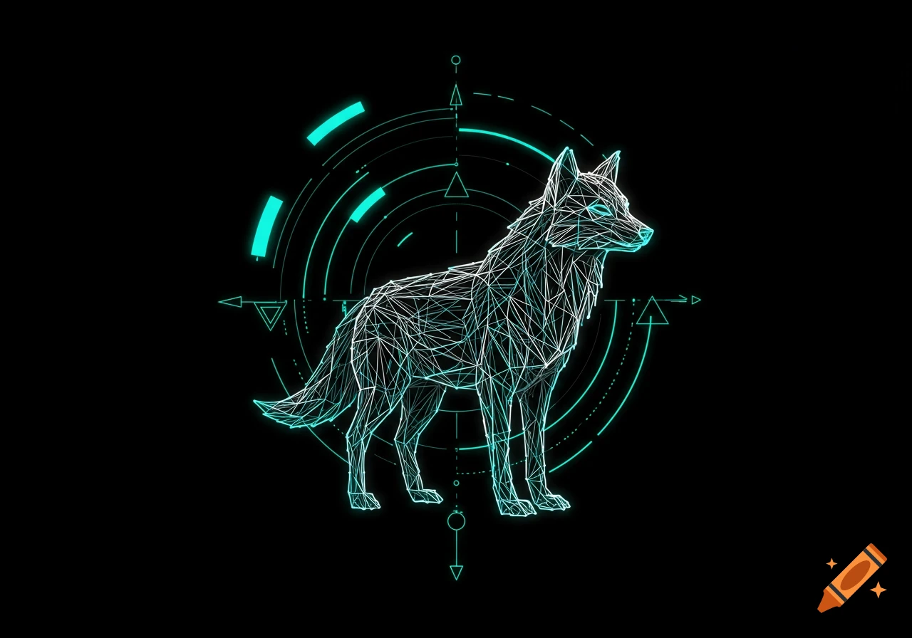 Stylized wolf of white lines with neon blue glow, surrounded by ...