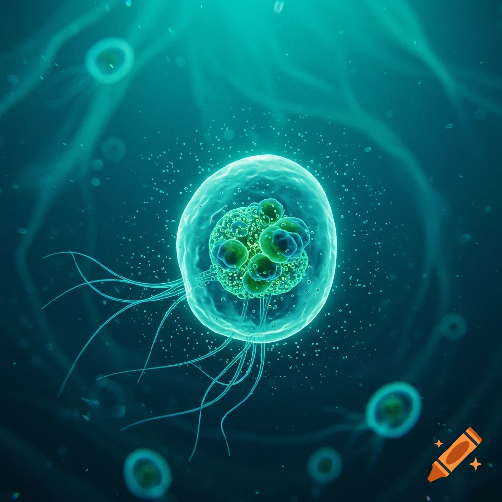 Close-up of a vibrant orange and teal mitochondrion with internal ...