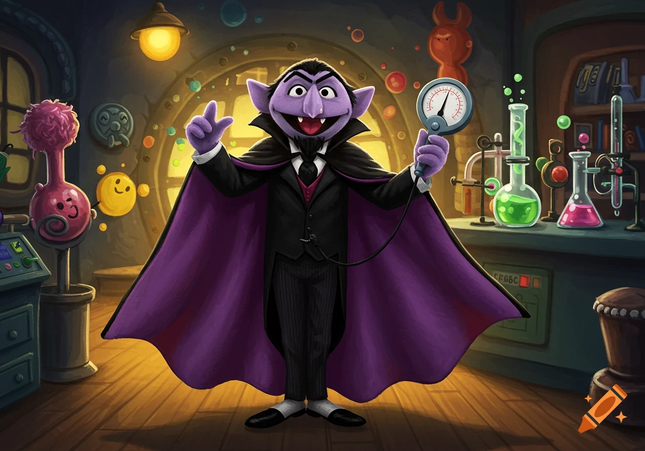 Count von Count stands in a cartoon laboratory, holding a gauge and ...