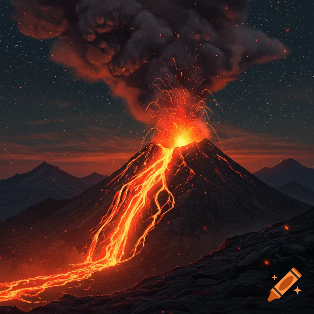 Photorealistic volcano erupting at night, with sparkly, glowing lava ...