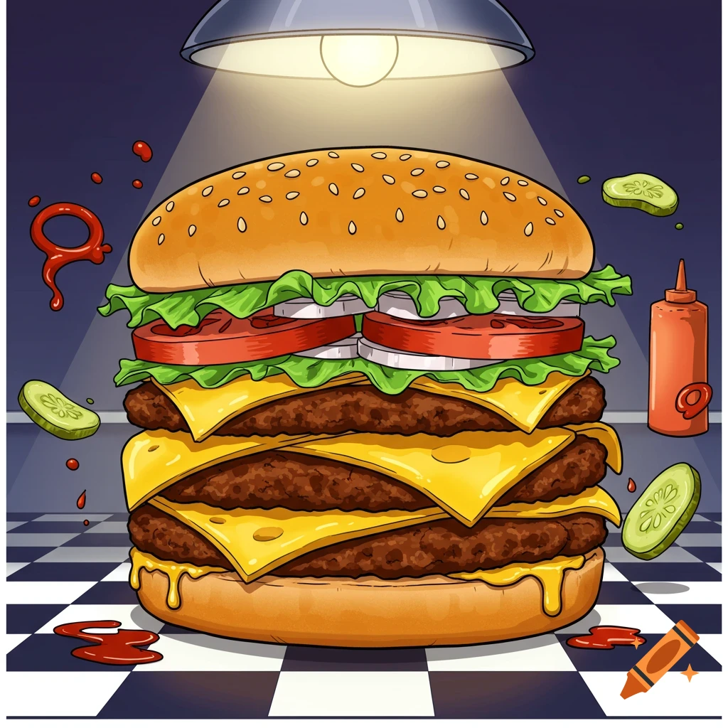 Two cartoon stick figures sitting cross-legged, sharing a hamburger. on ...