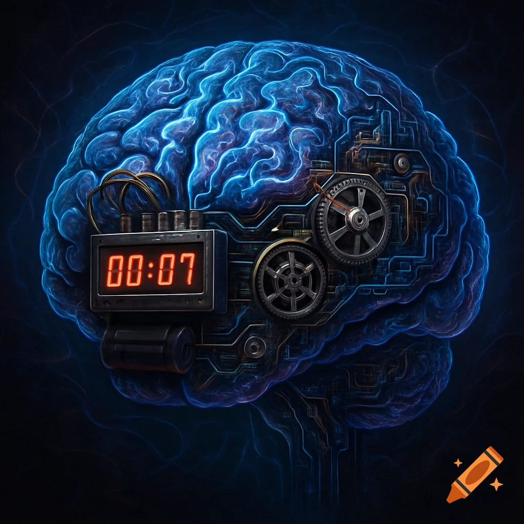 A glowing blue brain with mechanical gears and a digital timer ...
