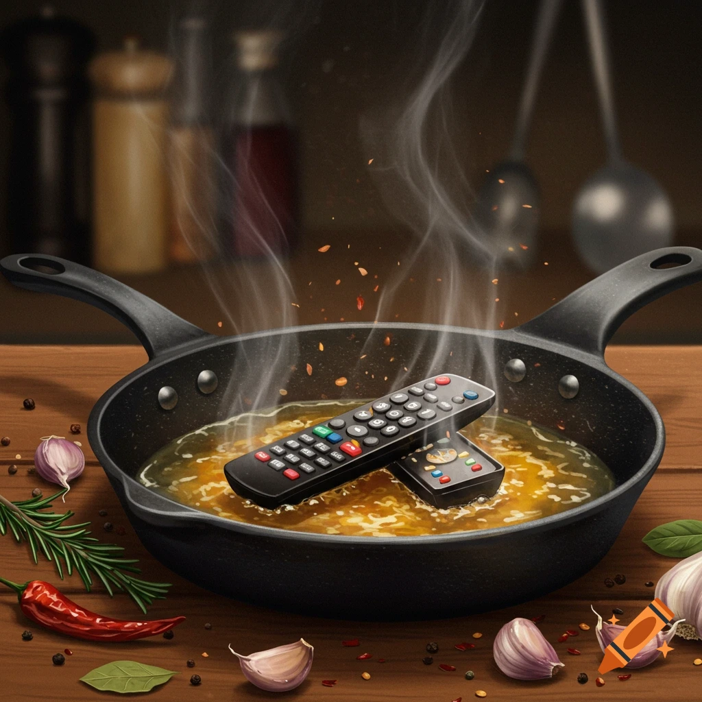 A frying pan on a wooden table with two remote controls cooking in a ...