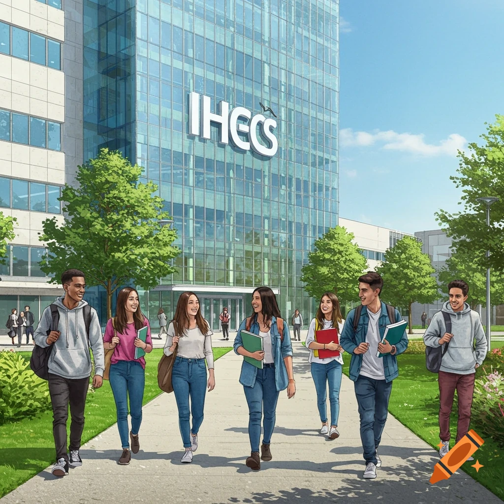 A group of students walks towards a large glass building with "IHECS ...