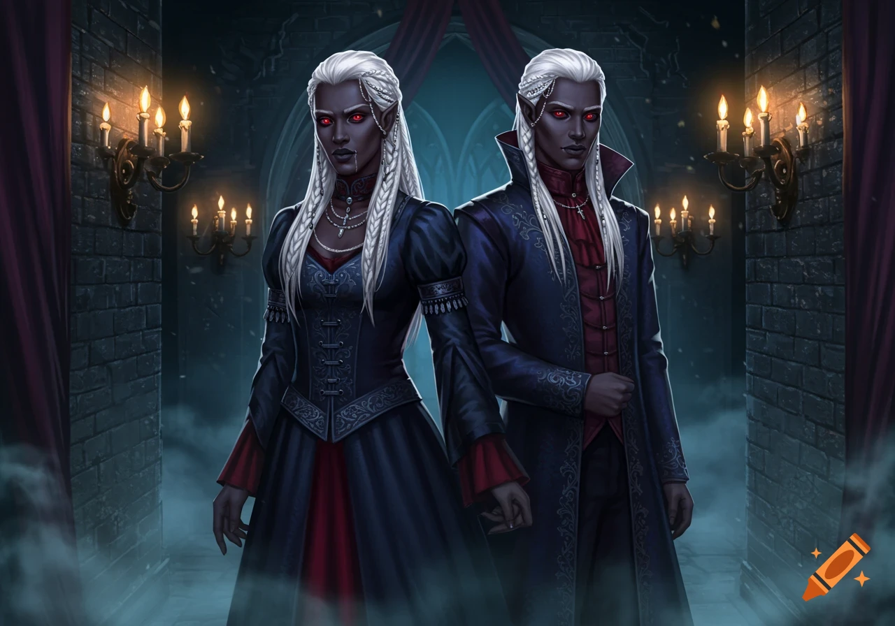 Two dark-skinned, white-haired twin vampires with red eyes, dressed in ...