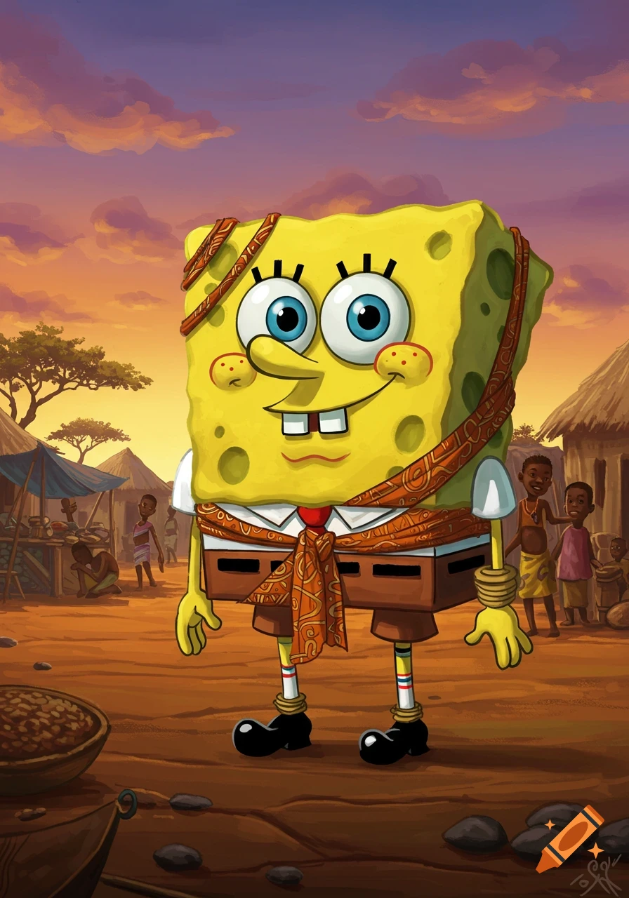 Spongebob Squarepants in traditional African attire stands in a vibrant ...