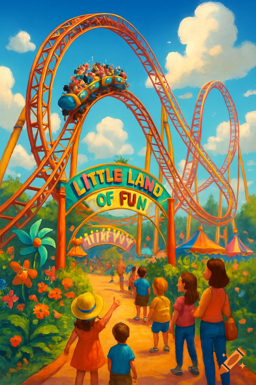 A vibrant, detailed illustration of a tall drop tower ride at a ...