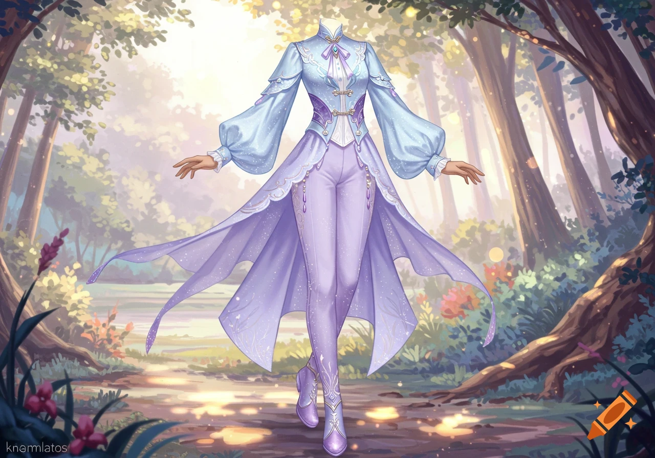 An elegant, headless fantasy outfit in pastel blue and lavender ...