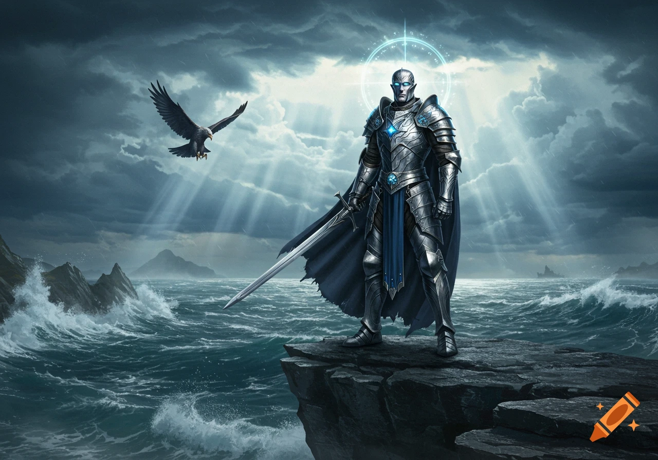 A futuristic knight in silver and blue armor stands on a cliff above a ...