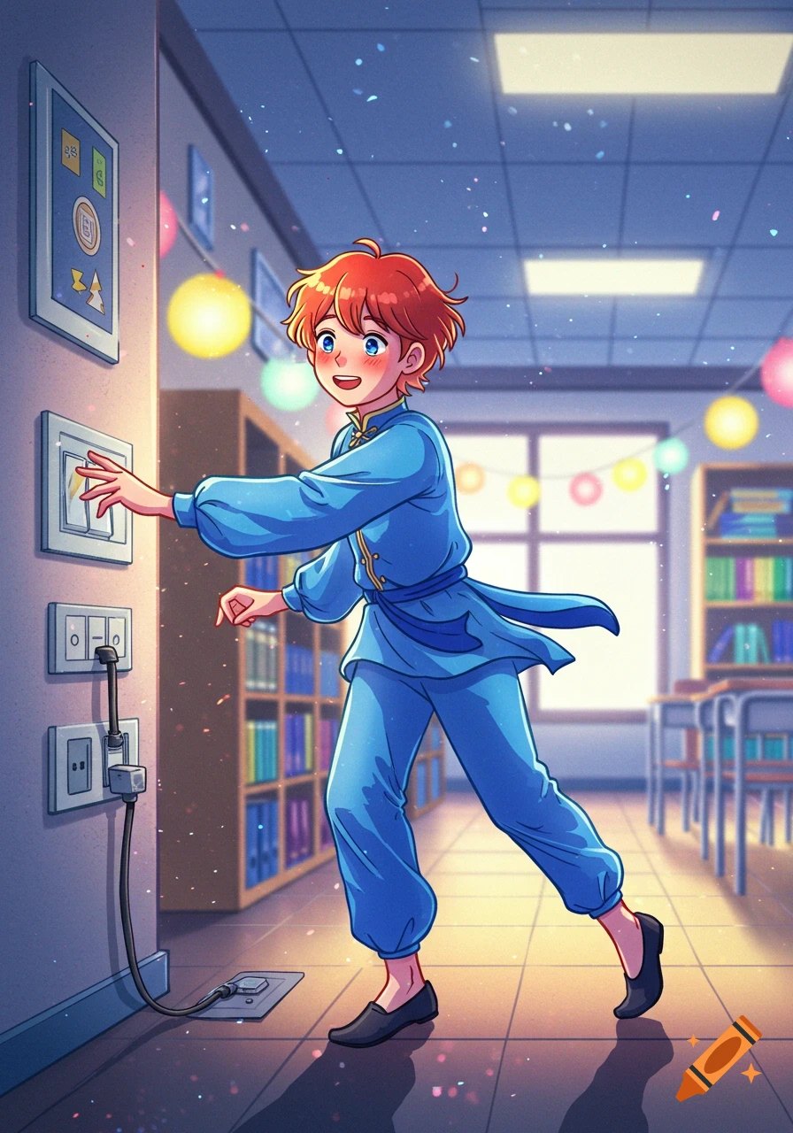 A cheerful anime-style young person in a blue outfit turns off a light ...