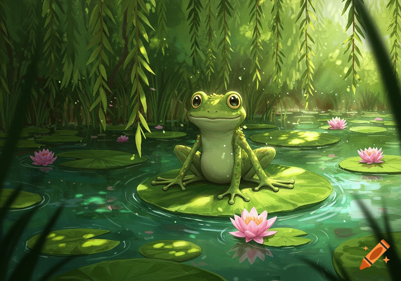 A green frog with a long, curly, furry brown tail sits by a pond with ...