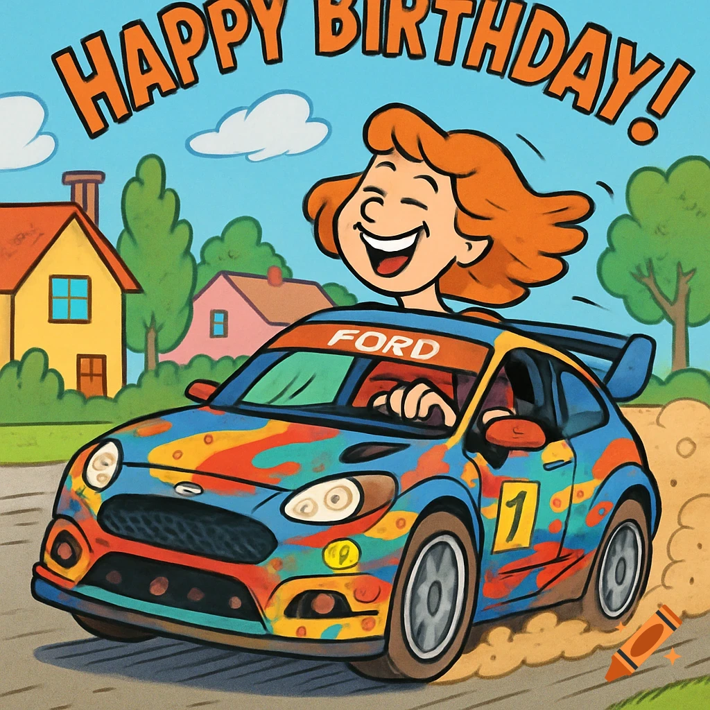 A cheerful cartoon woman with red hair drives a colorful rally car with ...