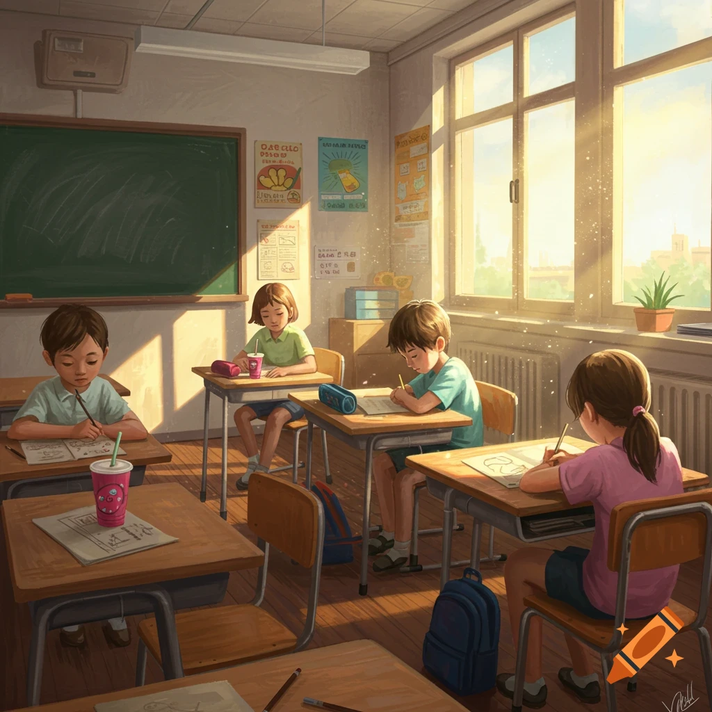 Four young children diligently study and draw at their desks in a ...