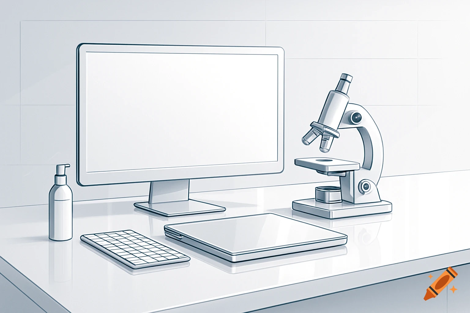 Minimalist line art illustration of a clean desk with a computer ...