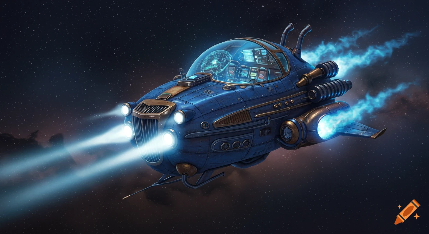 A blue steampunk spaceship with glowing headlights and thruster flames ...
