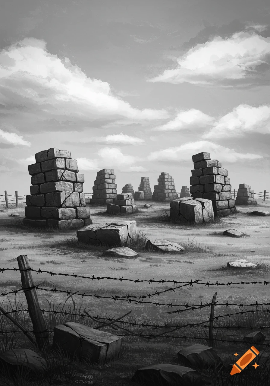 A black and white illustration of a desolate field with scattered piles ...
