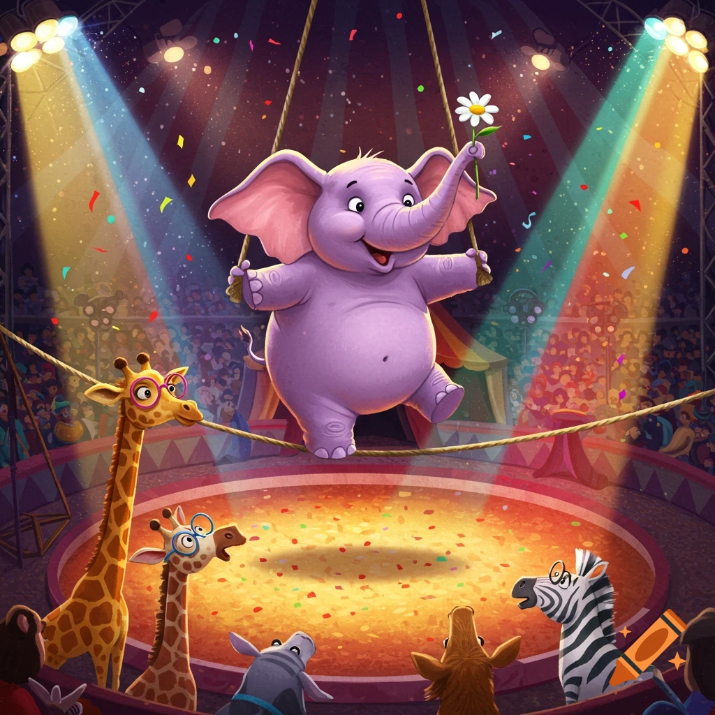 A cute purple cartoon elephant tightrope walks in a vibrant circus ...