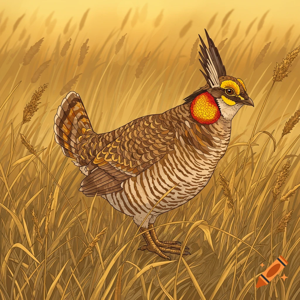 An illustrative drawing of a prairie chicken with yellow markings and a ...