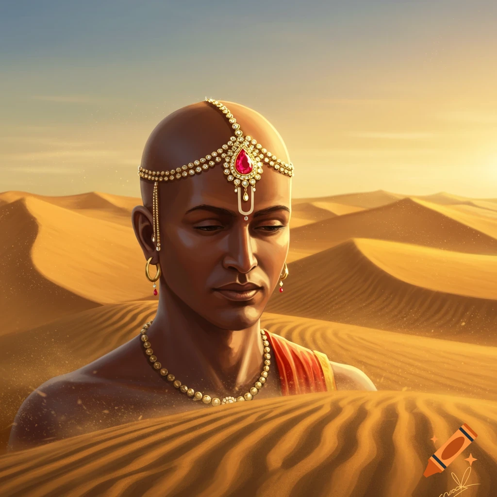 A dark-skinned, bald person wearing an ornate gold and ruby headpiece ...