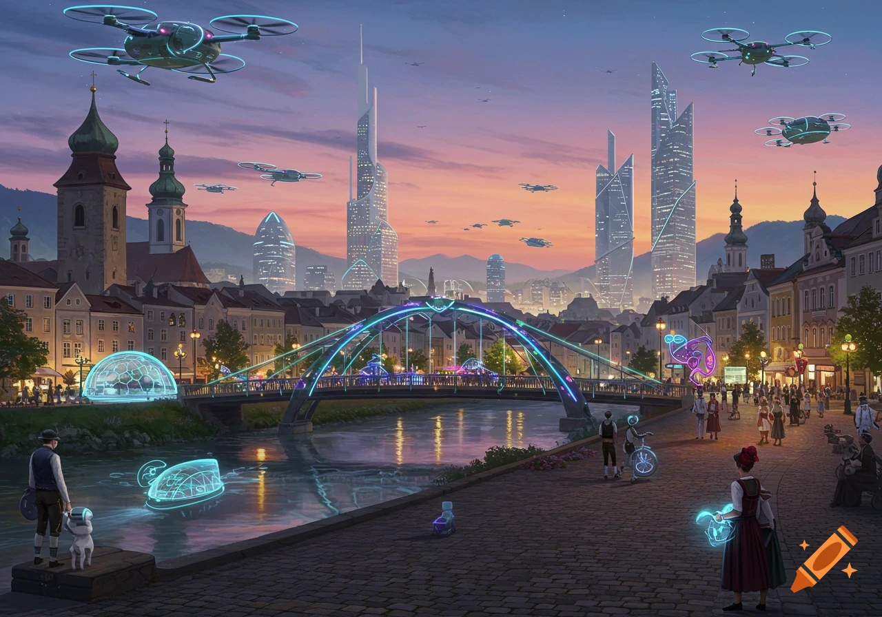 A vibrant, futuristic European city at dusk with glowing skyscrapers ...