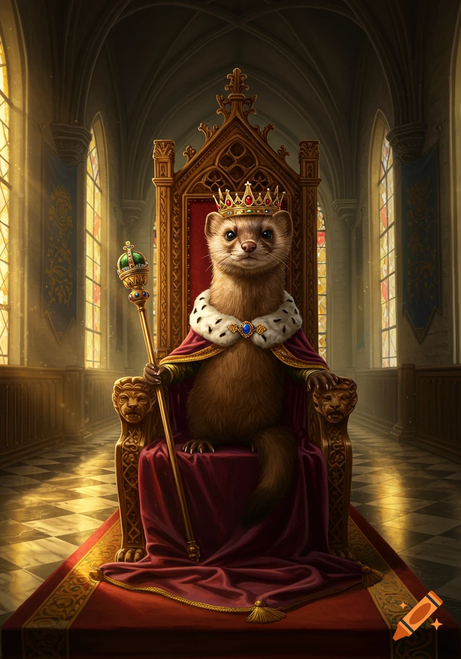 A regal weasel king wearing a crown and royal robe, holding a scepter, sitting on an ornate ...