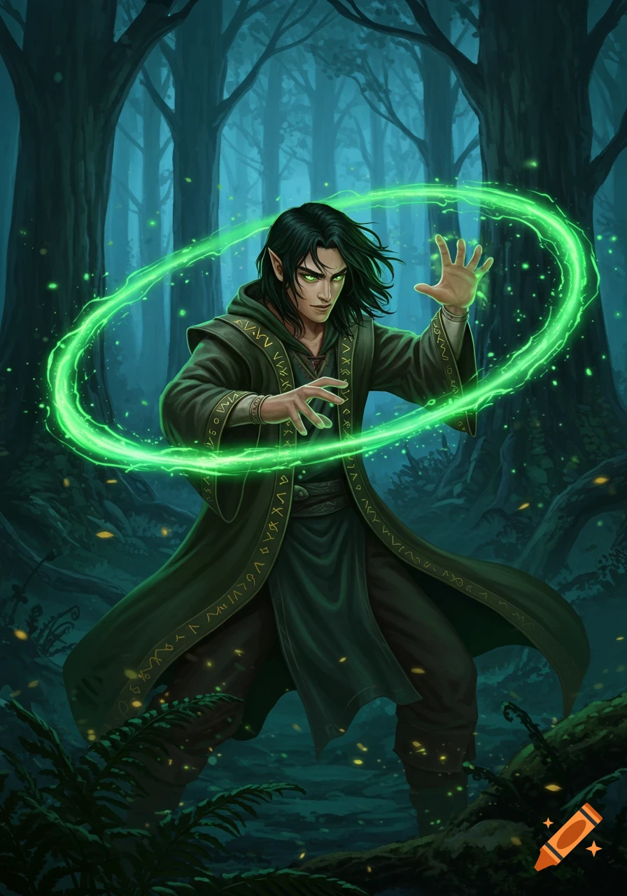 A young dark-haired elf mage with glowing green eyes and a green robe ...