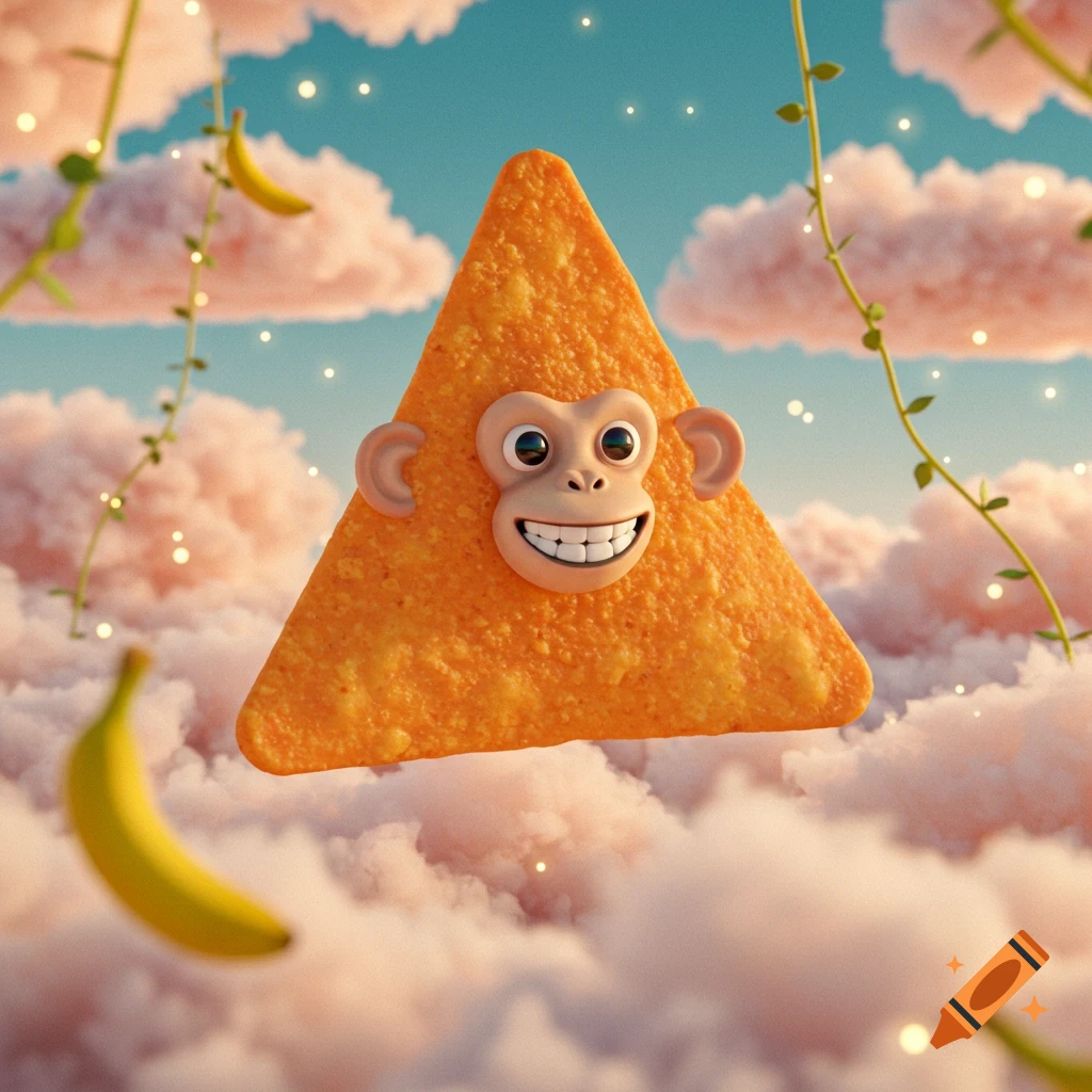 A cheerful monkey face is depicted on an orange Dorito chip, floating ...