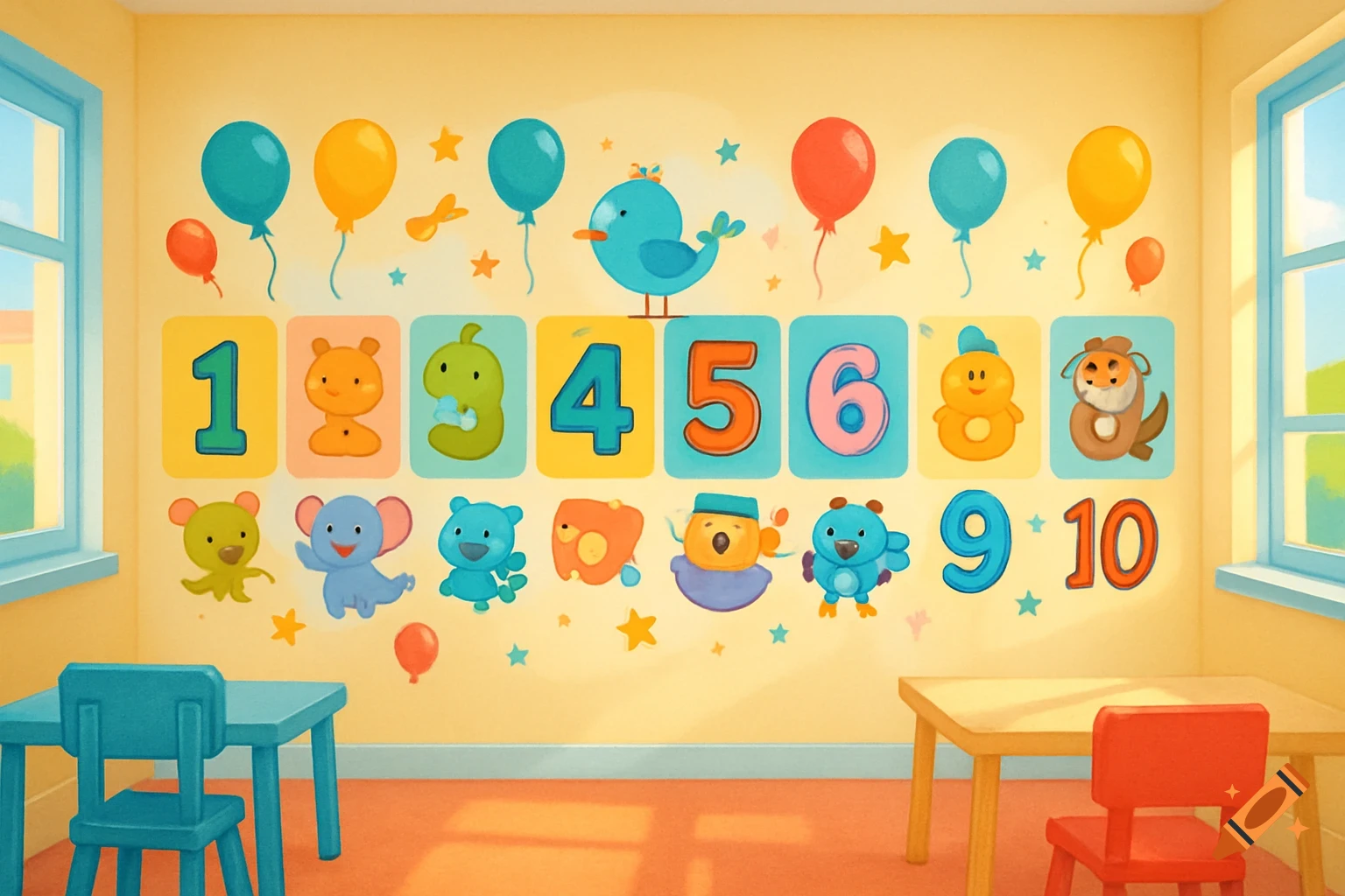 A colorful cartoon children's classroom with a wall display of numbers ...