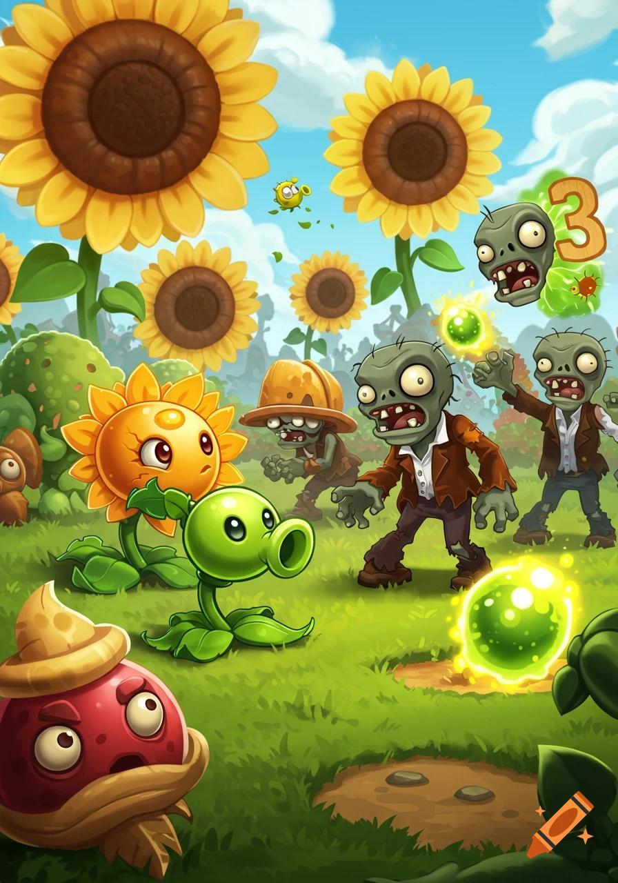 Cartoon plants battle shadowy creatures on a forest path, featuring a ...
