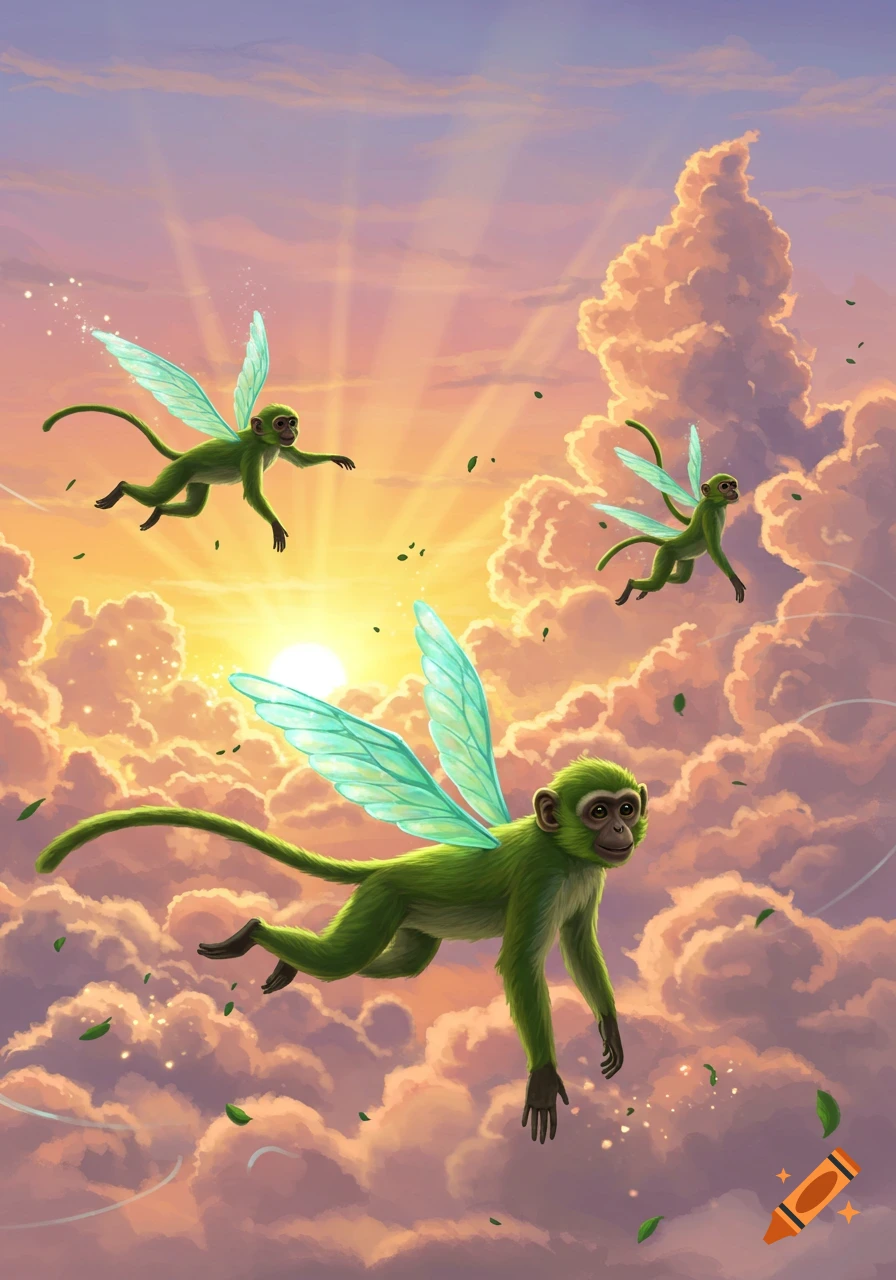 Three green monkeys with fairy wings fly through a vibrant sunset sky ...