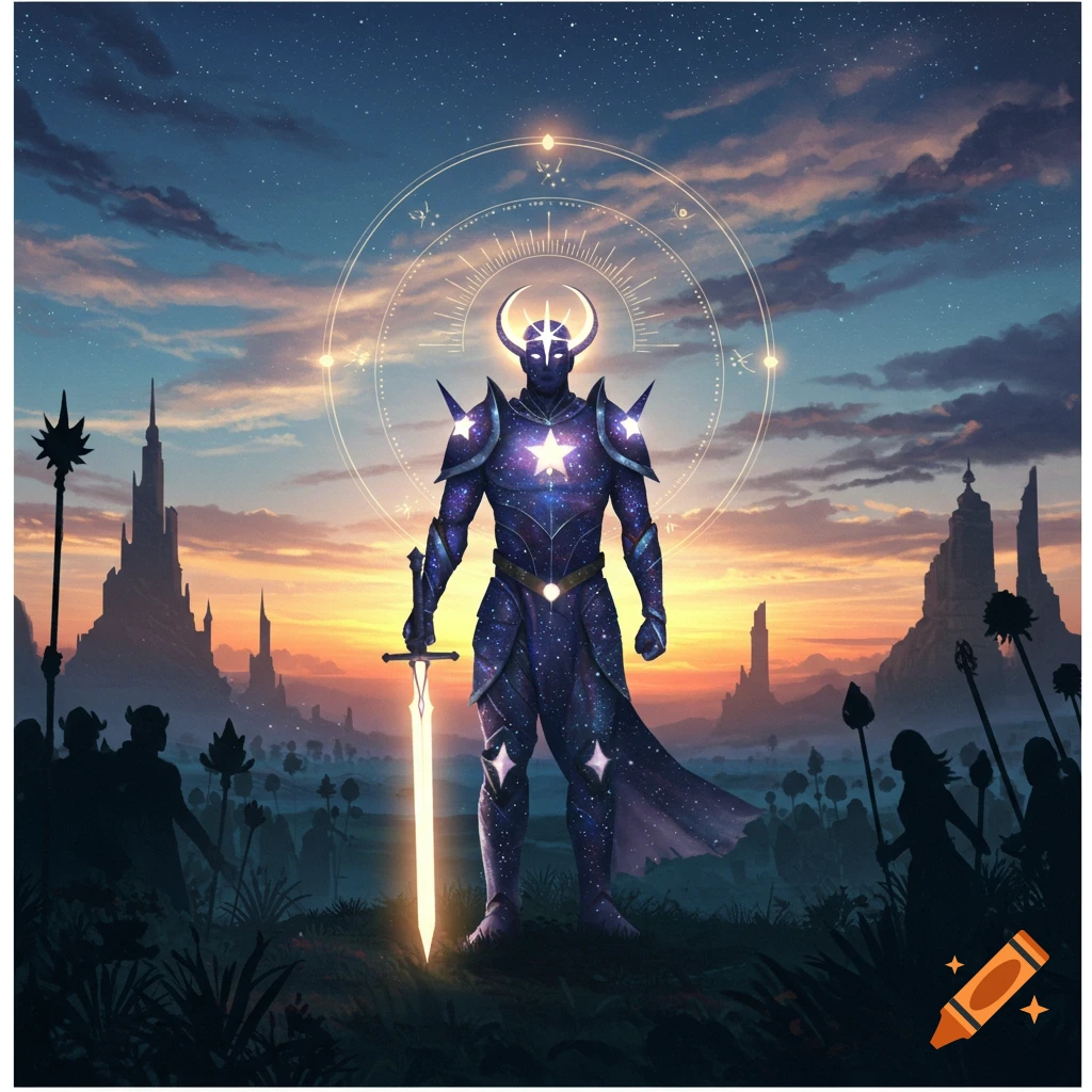 A divine warrior in starry, dark purple armor with a horned helmet ...