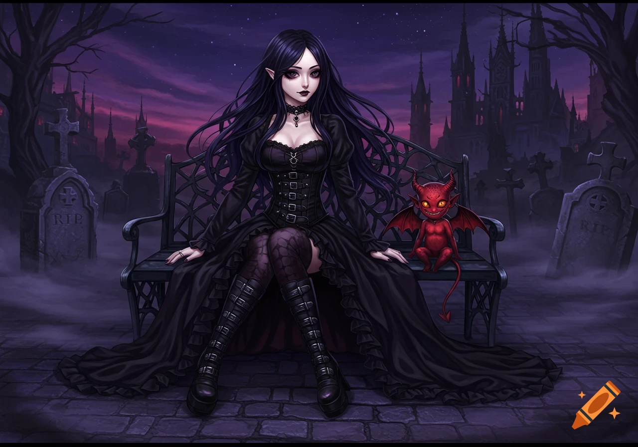 Gothic anime girl with long black hair and a red imp sitting on a bench ...