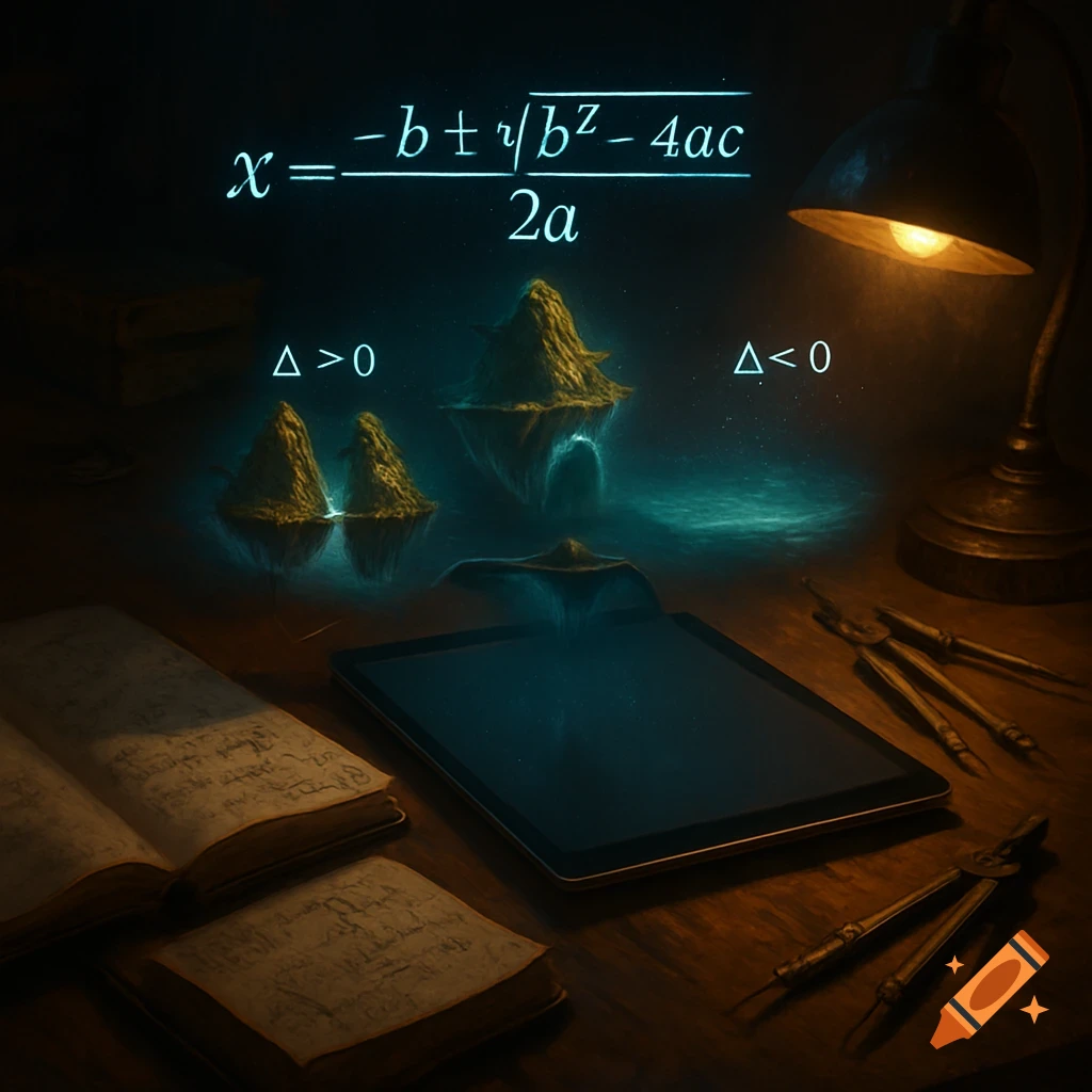 A moody, cinematic image of a mathematician's desk at night, with the ...