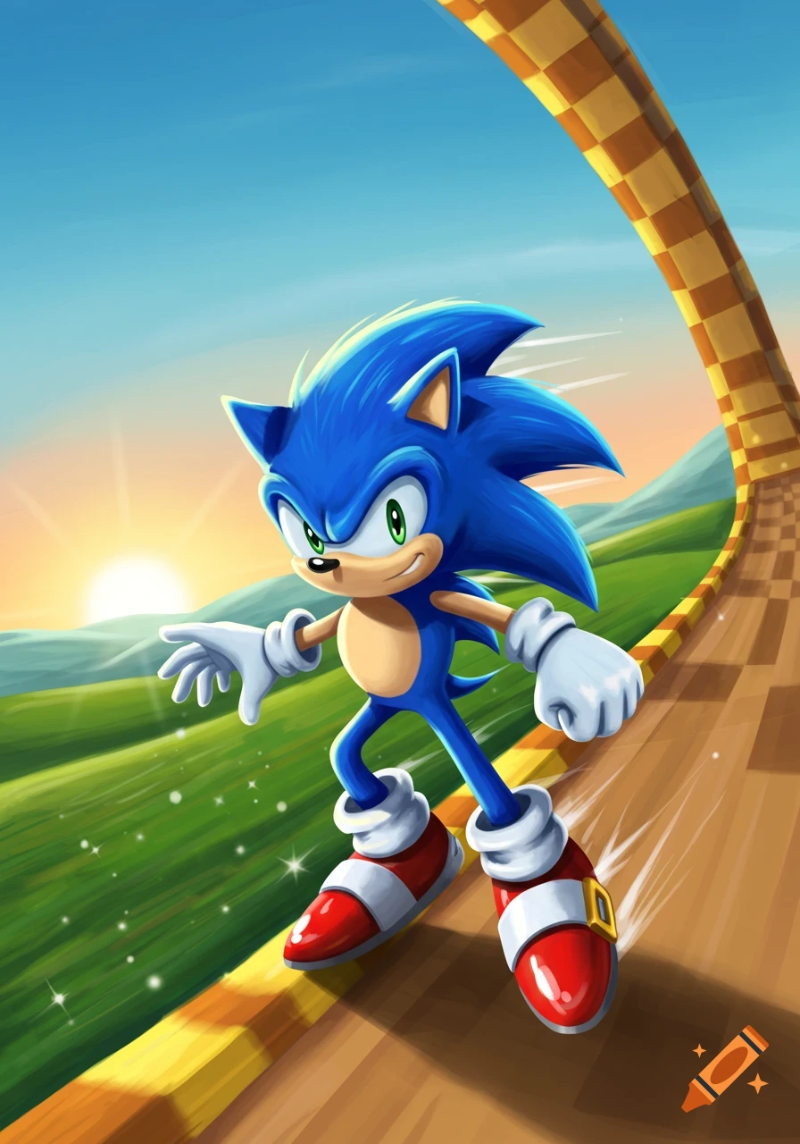 Sonic the Hedgehog runs on a loop-de-loop track over green hills at ...