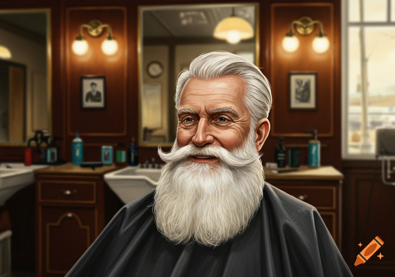 Elderly man with a massive white beard and brushed-back white hair in a ...