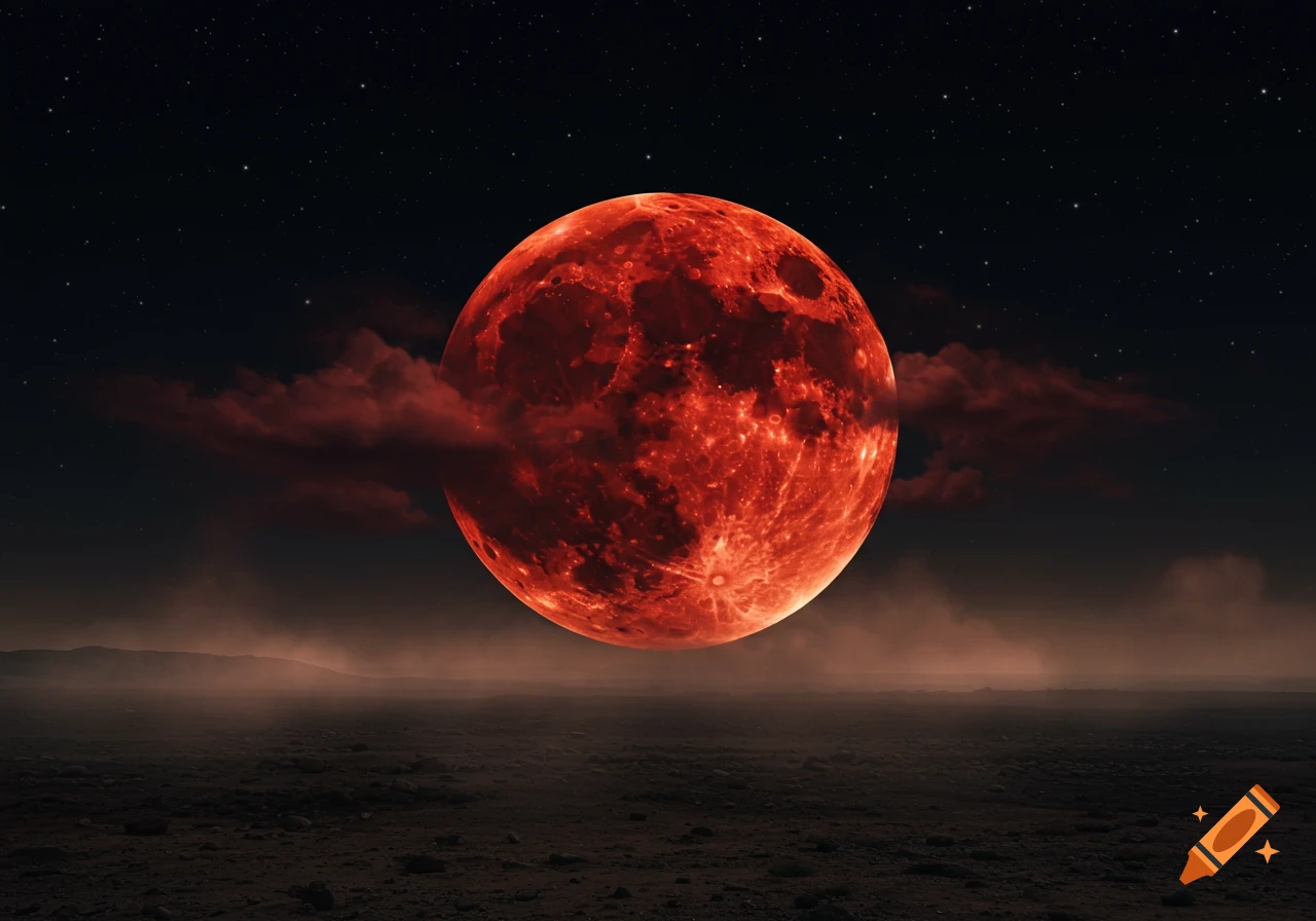 A hyperrealistic red blood moon with visible craters glows over a dark ...