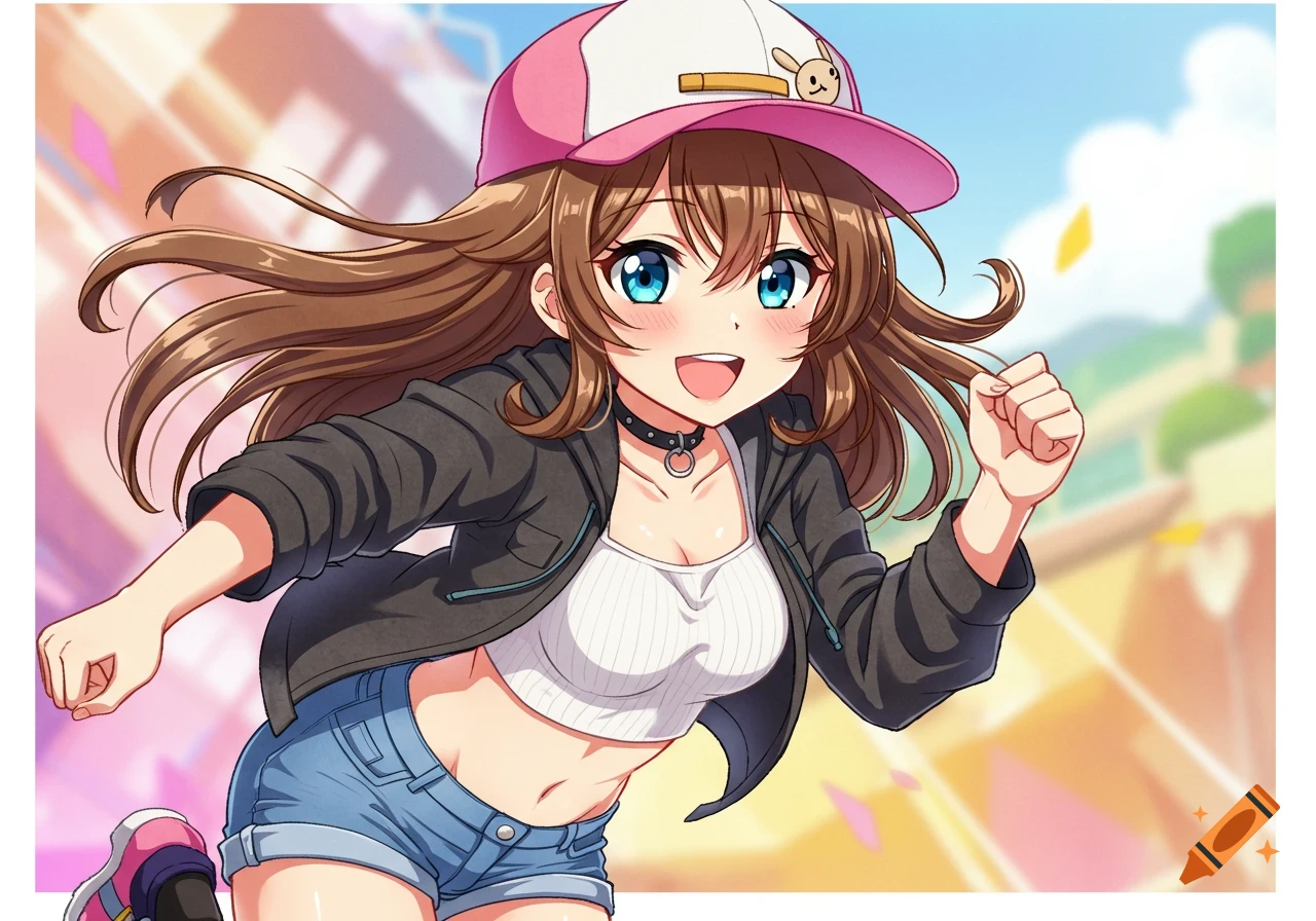 An anime girl with blue eyes and brown hair wears a white crop top ...