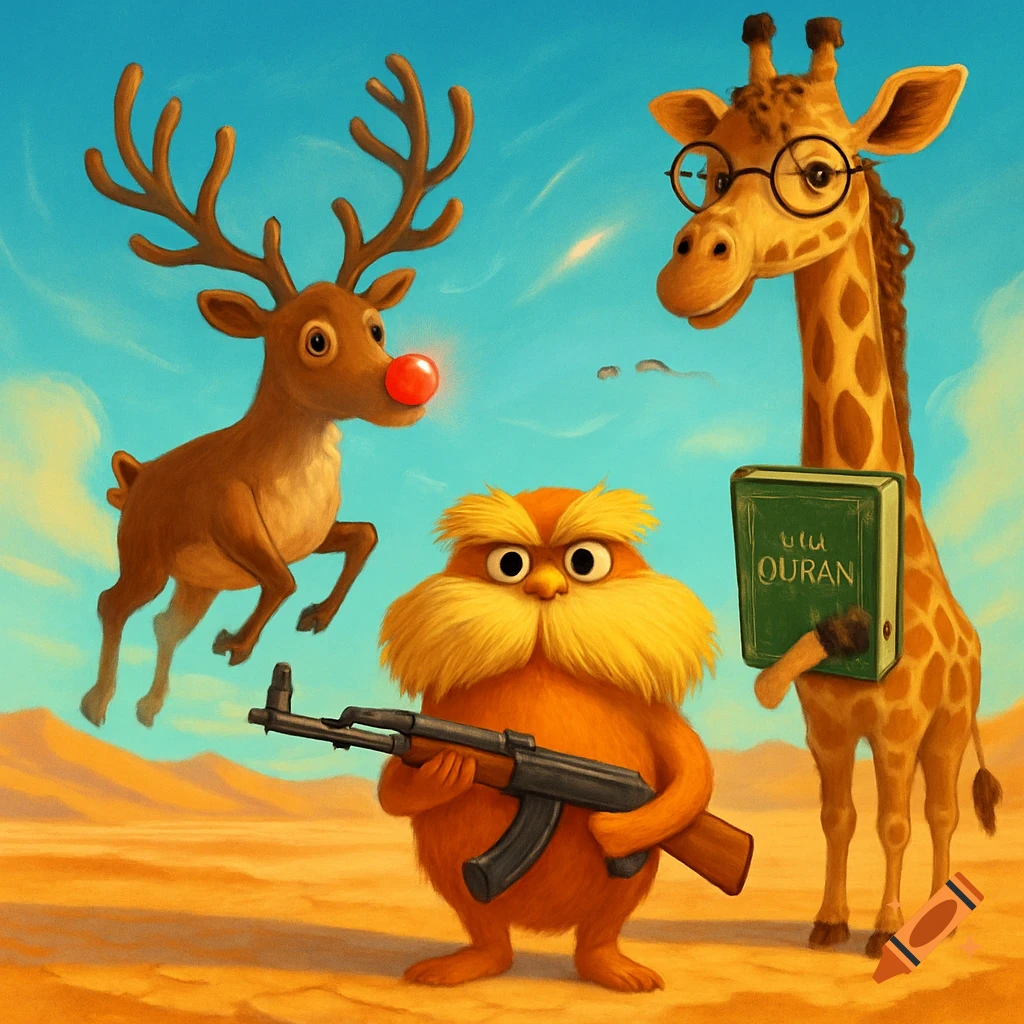 A whimsical scene with a floating reindeer, a Lorax-like creature ...