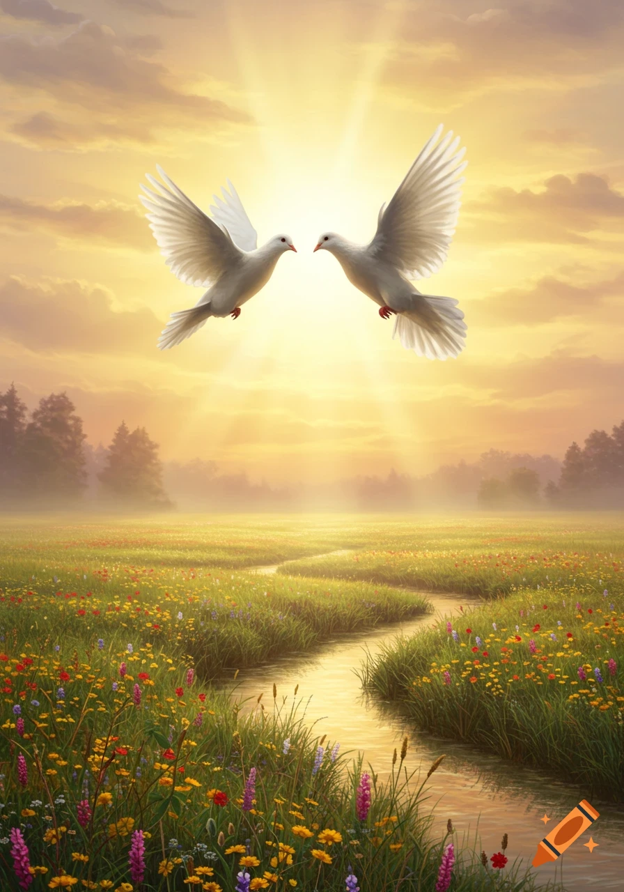 Two white doves fly towards each other under a golden sky above a ...