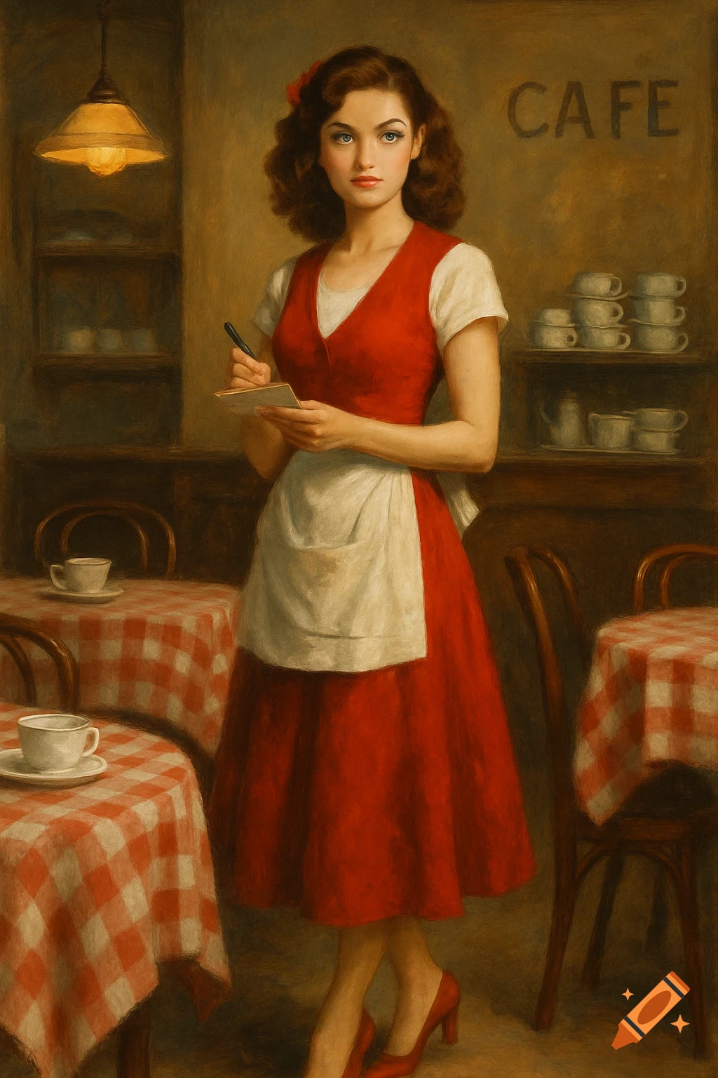 Painting of a vintage-style waitress with a red dress and apron ...