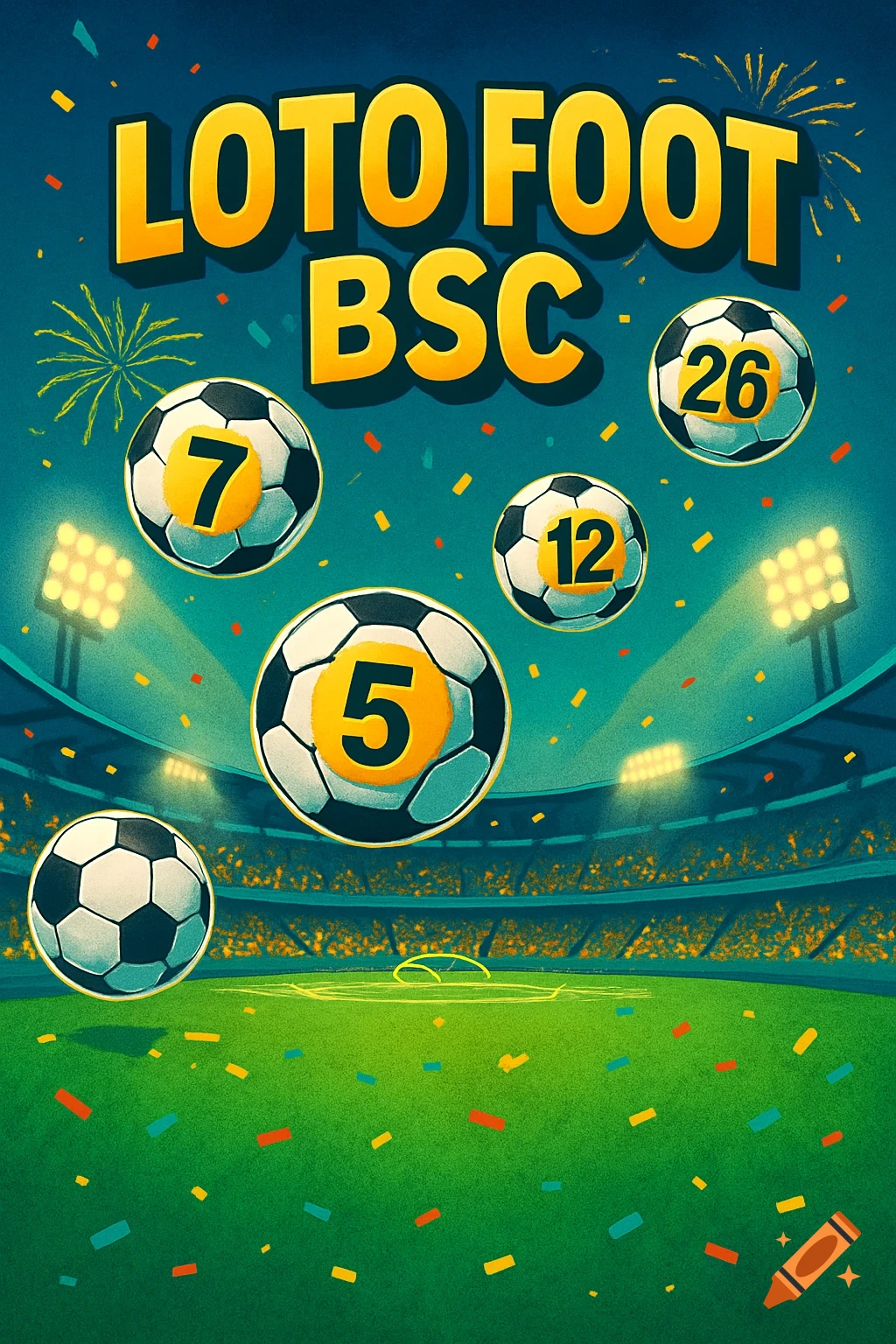 Festive illustration of a football stadium with 'LOTO FOOT BSC' text ...