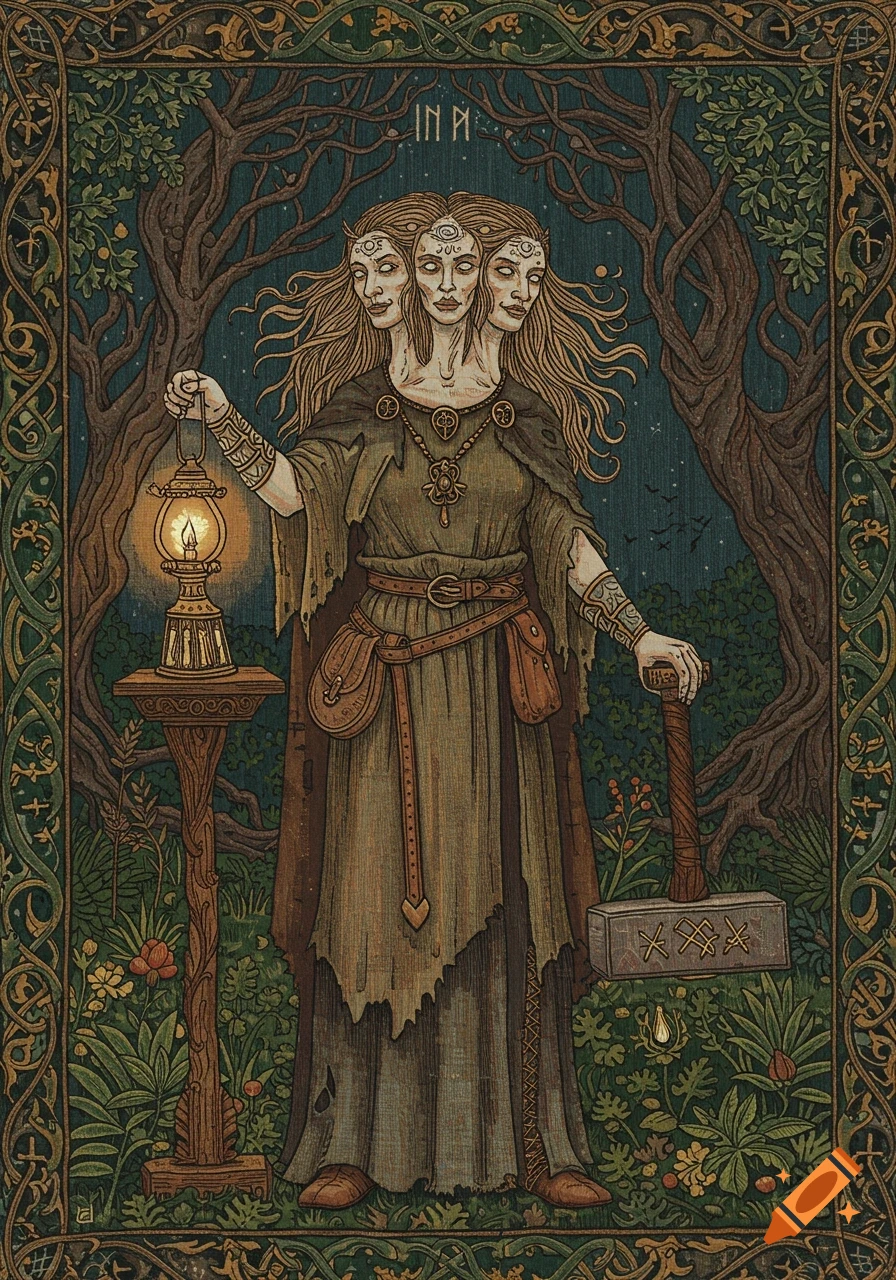 A medieval tapestry illustration of a three-headed witch holding a ...