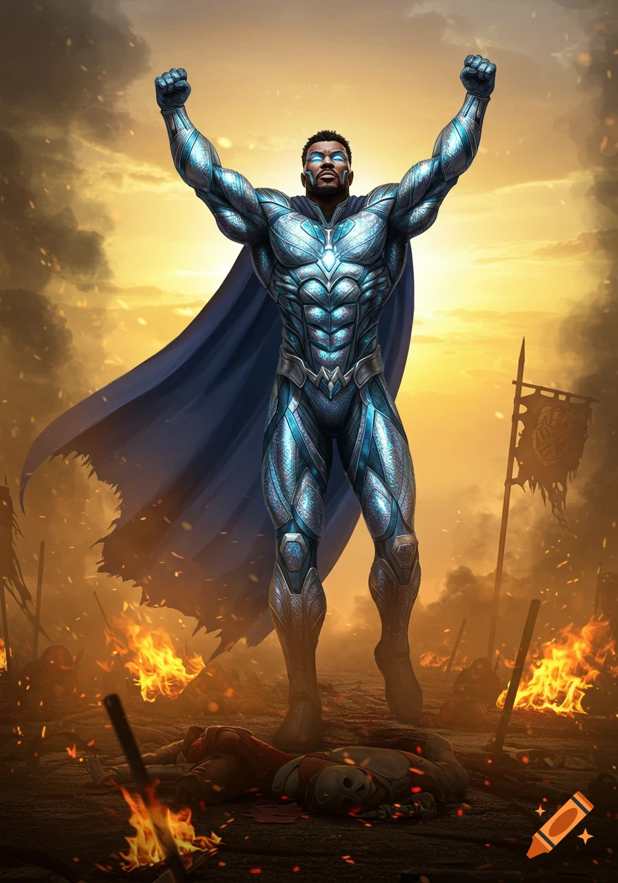 A powerful superhero in a blue and silver armored suit and cape stands ...
