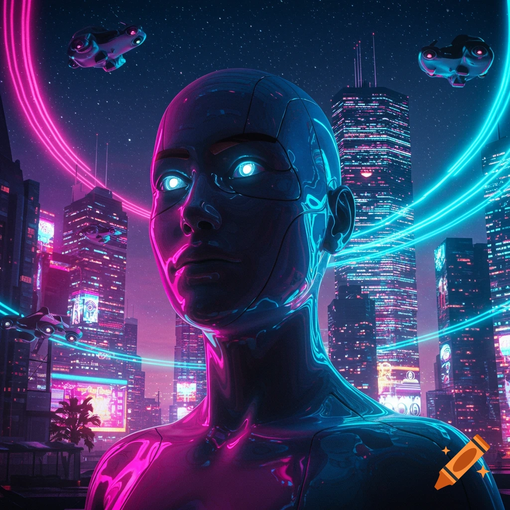 A metallic humanoid with glowing blue eyes in a neon cyberpunk city at ...